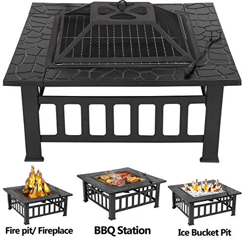 LEMY 32 inch Outdoor Fire Pit Square Metal Firepit Backyard Patio Garden Stove Wood Burning Fire Pit W/Rain Cover, Faux-Stone Finish