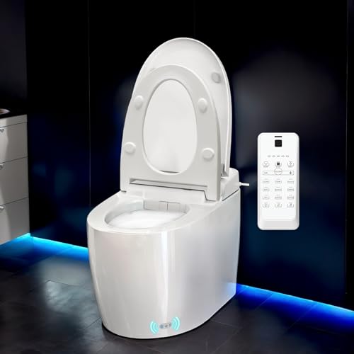 Smart Toilet, One-Piece Tankless Bidet Toilet with Auto Flush, Heated Seat, Auto Open & Close Lid, Foot Sensor, Warm Water Sprayer & Dryer, LED Nightlight, Remote and Knob Control for Janitorial