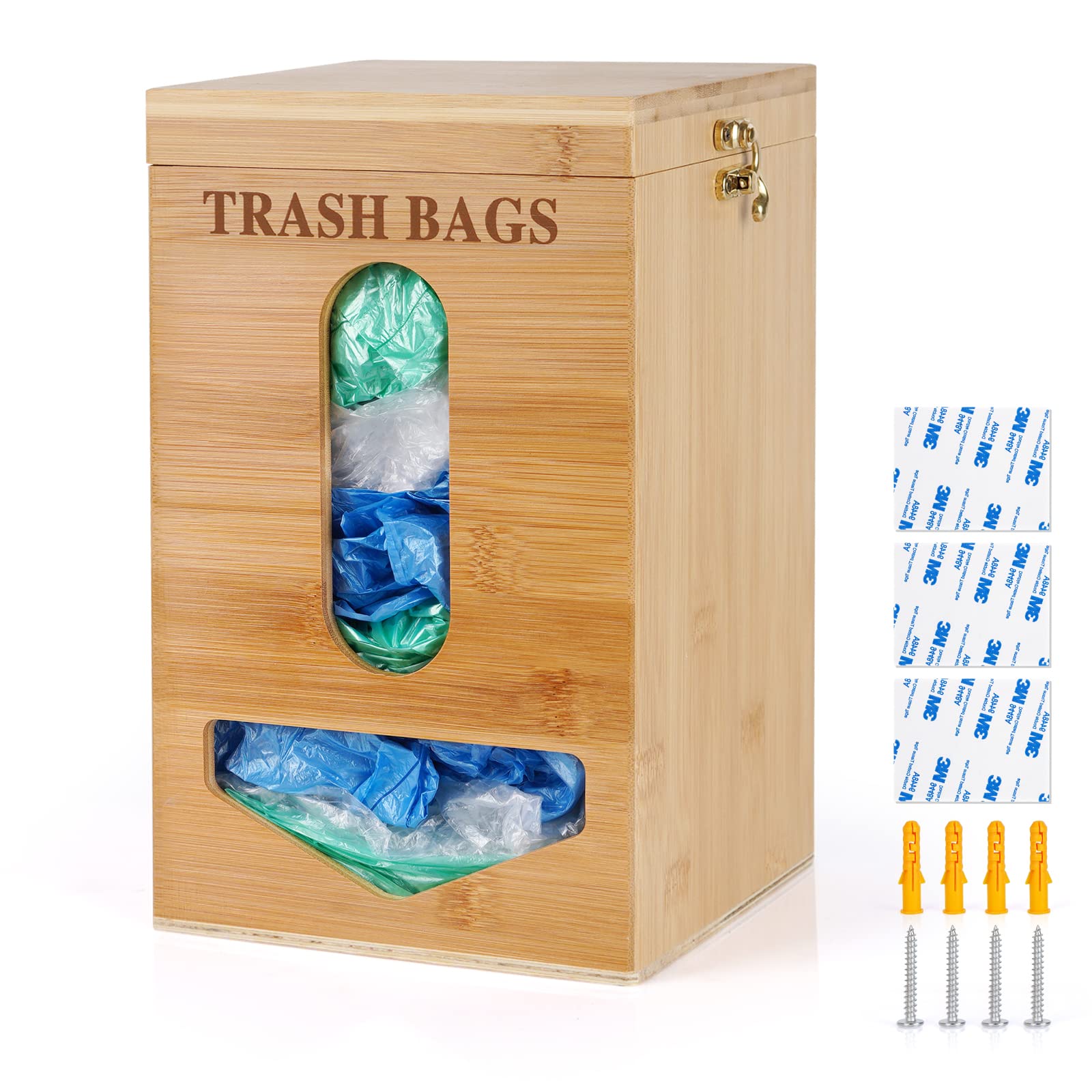 Jolensoy Trash Bag Holder Grocery Bag Holder Bamboo Garbage Bag Holder Wall Mounted Double Easy-Access Opening for Home Kitchen Cabinet Organization (Bamboo color)