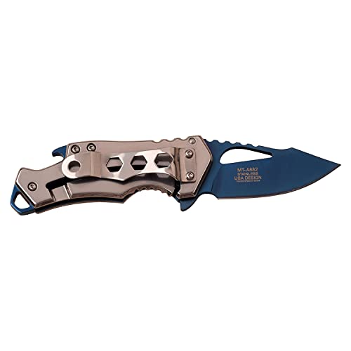 MTech USA MT-A882SBL Spring Assist Folding Knife, Blue Straight Edge Blade, Silver Handle, 3-Inch Closed