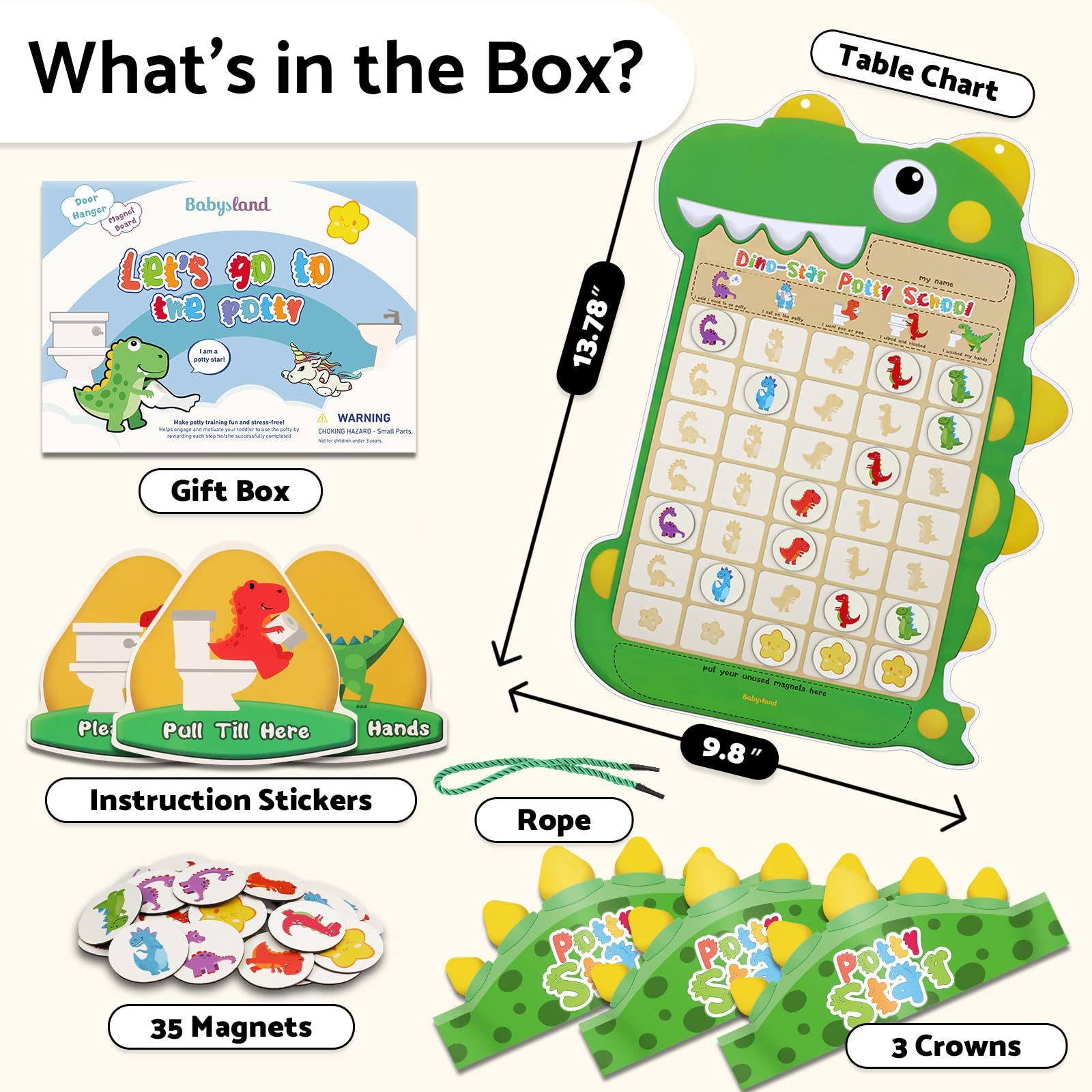 Potty Training Chart for Toddlers Boys & Girls - A Dinosaur Potty Chart with 35 Reusable Magnetic Dinosaur & Star Stickers for Kids Potty Training Reward (Dinosaur Potty Chart 3Crown)