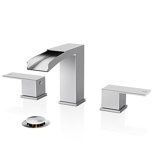 Pheistina 8-Inch Widespread Brushed Nickel 3 Holes 2 Handles Waterfall Bathroom Sink Faucet, with Metal Pop Up Drain Assembly & Cupc Water Supply Lines, NS-WF002-1-BN