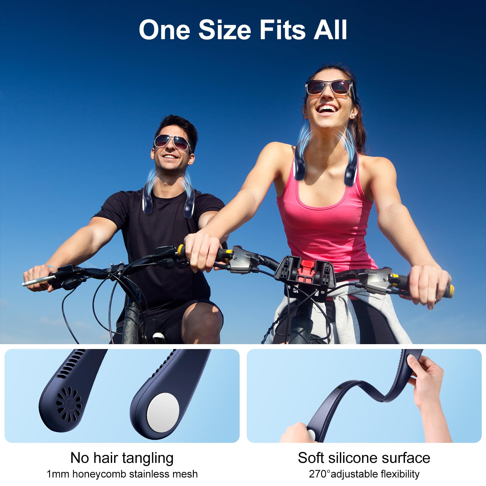 Odoland Portable Neck Fan with LED Display, 3600mAh Rechargeable Hands Free Bladeless Mini Fan, 4 Speed Adjustment Strong Wind Portable Fan for Traveling Office Camping, 2 Pack, White&Blue