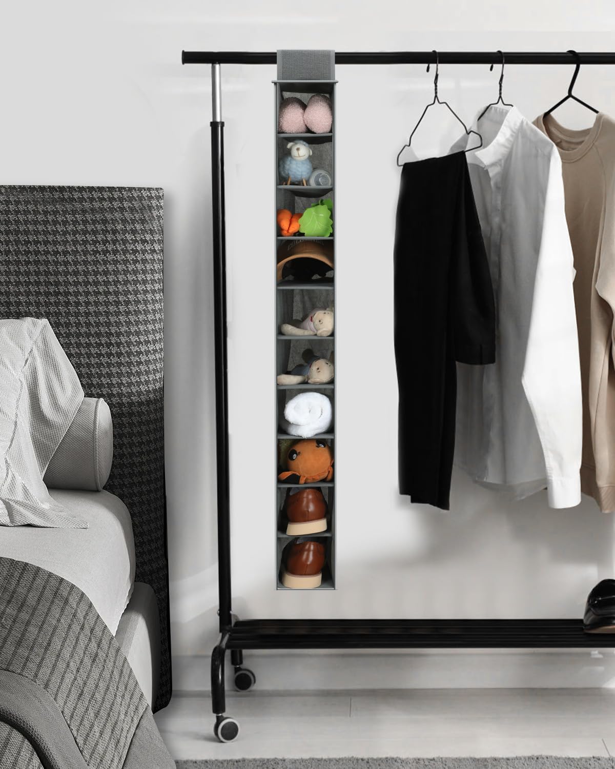 NEATJELAI Hanging Shoe Organizer 10 Tier Hanging Shelves for Closet Organizers and Storage System,Foldable Design, for Wardrobe, Baby Clothes Organization and Storage,Gray