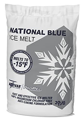 National Blue Ice Melt 20lb Bag - Fast Acting Ice Melter - Pet, Plant and Concrete Friendly, Environmentally Safe - Free of Magnesium Chloride - Melts to -15°F