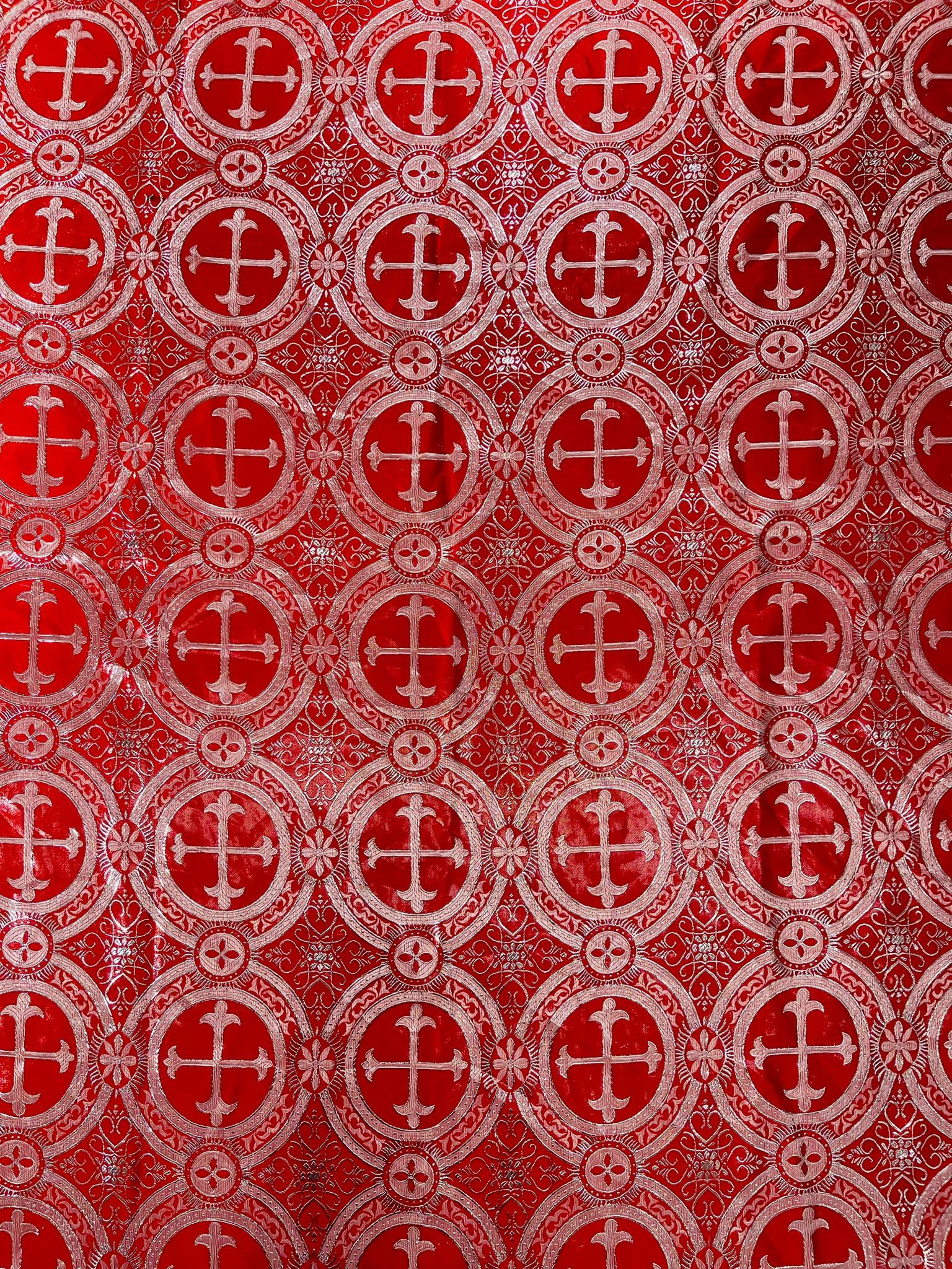 New Creations Fabric & Foam Inc, Metallic Cross Brocade Jacquard Satin/Religious Brocade/58 Inches Wide/Liturgical Fabric/Church/Vestment (Red/Silver)