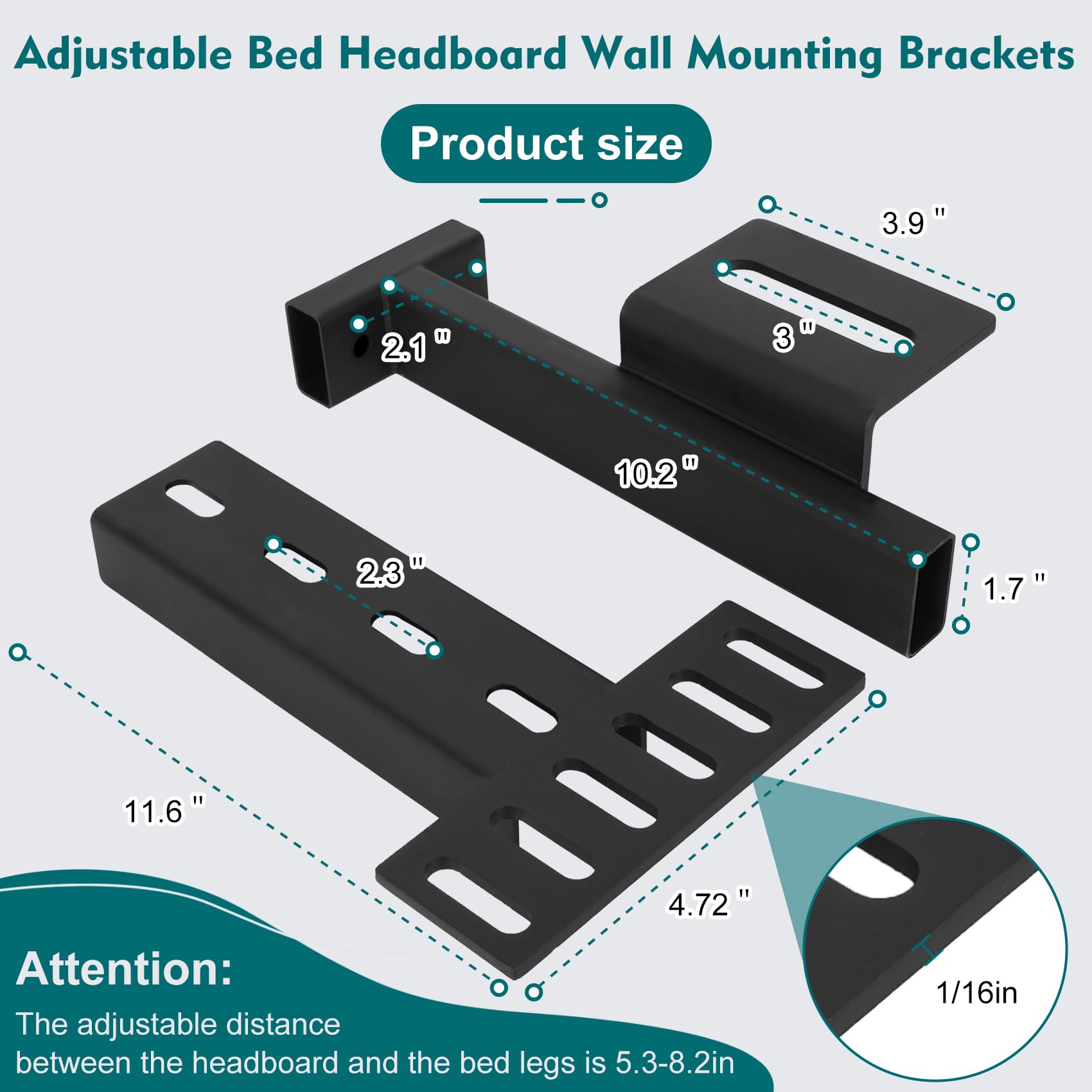 Universal Headboard Bracket, Thickened Black Metal Bed Headboard Bracket, Adjustable Headboard Bracket Kit Wall Mounted with Foot Pedal Extension Kit(2 Pcs),3-Year Warranty