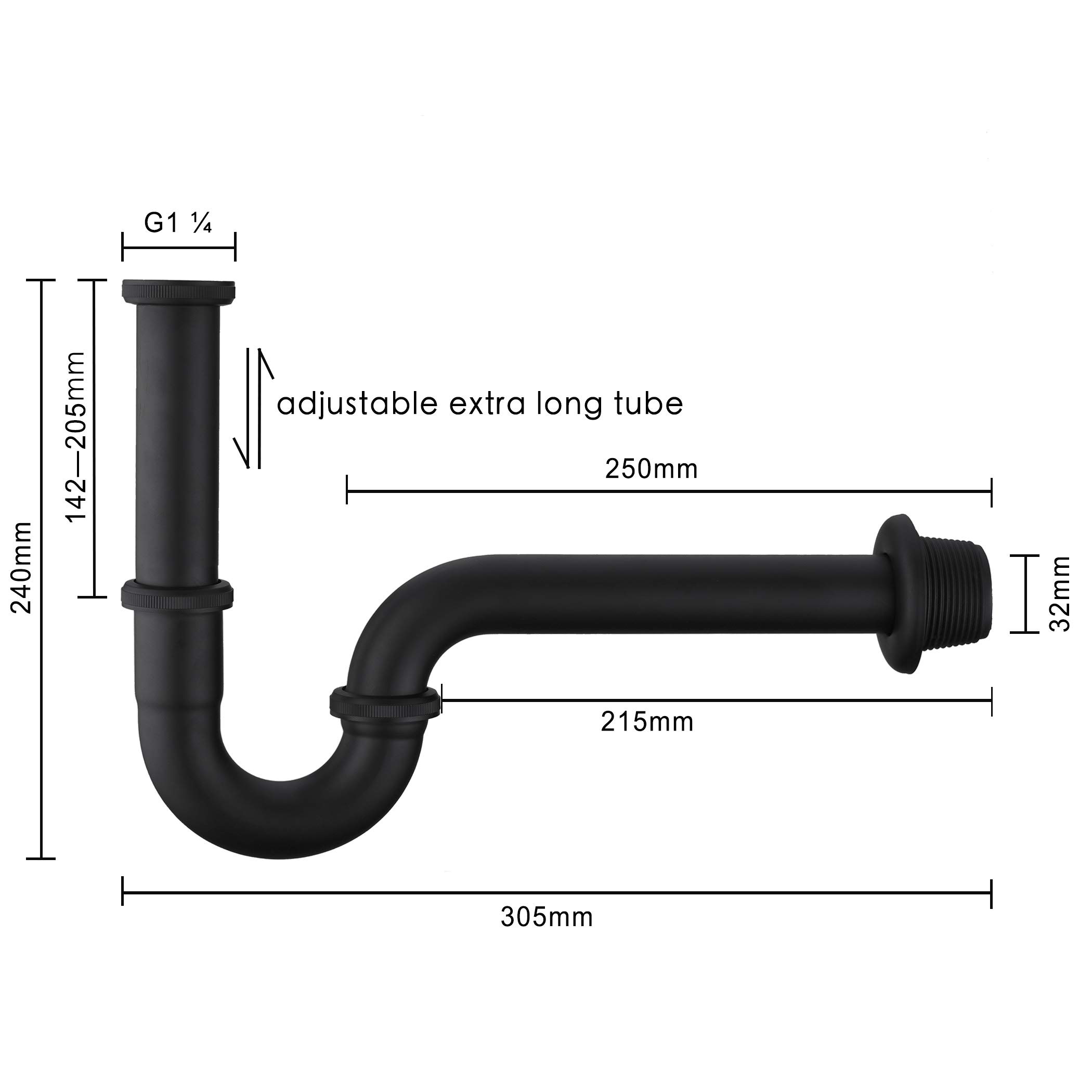 Orhemus Brass P Trap, 1 1/4 Bathroom Basin Sink Waste Trap Drain Kit with Flange and Slip Joint Extension Tube Drain Tailpiece, Adjustable Height, Matte Black