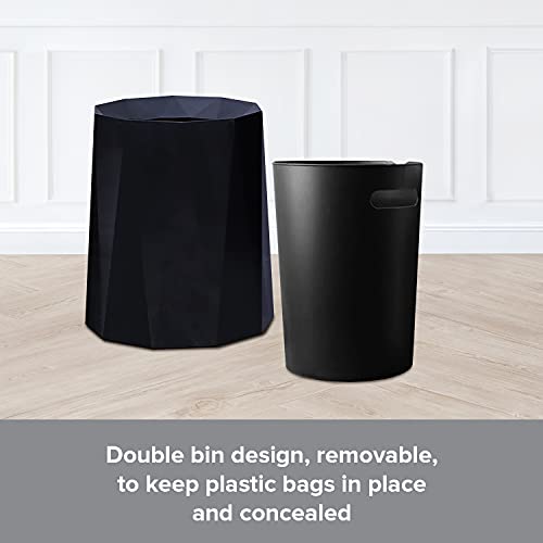 Luxurious Nordic Trash Can - Open Top Geometric Garbage Can - Double Barrel Trash Bin - Waste Basket w/Removable Plastic Bin - Living Room, Bedroom, Bathroom Trash Can - 8L/2.1Gal Garbage Bin, Black