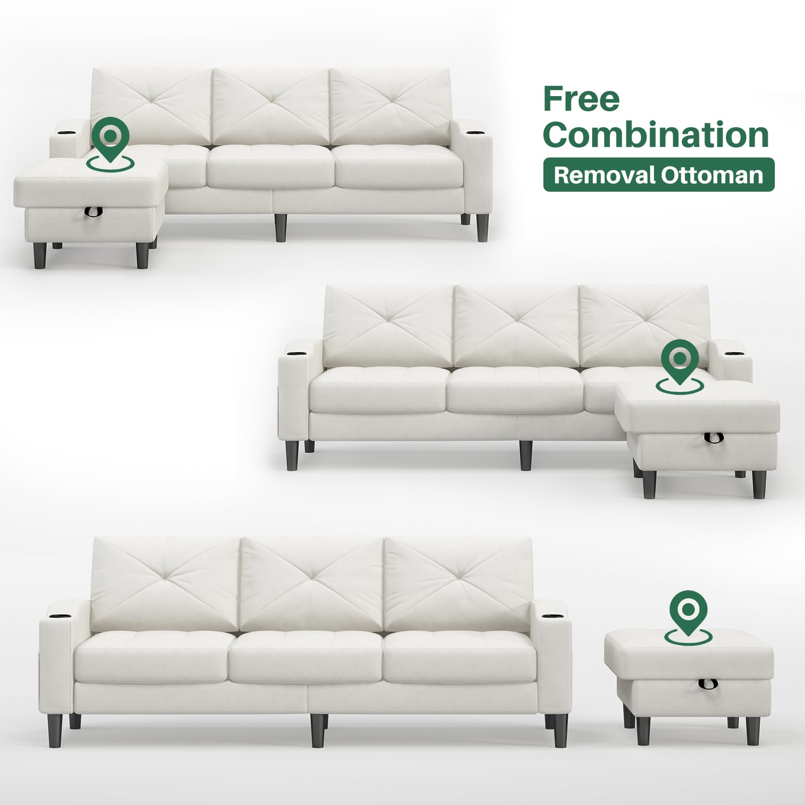 SeekFancy 78' Modern Sofa, 3-Seat Linen Convertible Sectional, Beige with Storage Ottoman, L-Shape for Small Spaces
