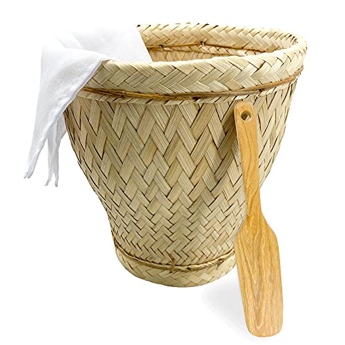 PANWA Sticky Rice Cooking Set Aluminum Cook Pot Standard Diameter (22 cm), Thai Bamboo Village Vintage Steamer Basket 9 Inch Diameter with 24ββ Round Reusable Cheesecloth and Wicker Lid