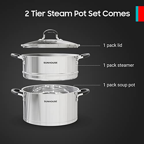 SUNHOUSE Steamer Pot for Cooking 8-inch Steam Pots with Lid, 3 Quarts Multipurpose Stock Pot Stainless Steel Steaming Pot Cookware with Handle for Vegetable, Stews, Pasta, Dumpling, Sauce, Food