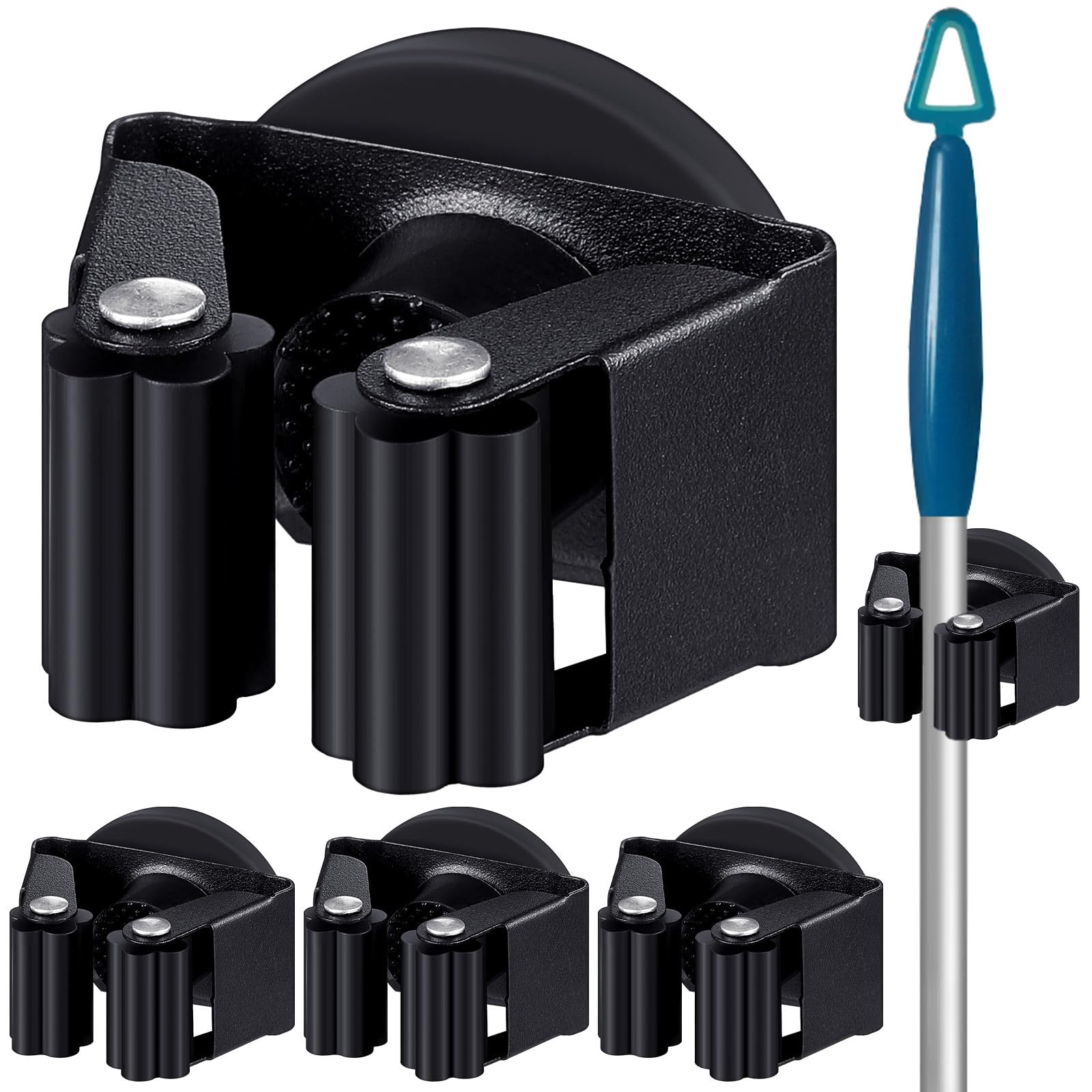 Vercraft 4 Pcs Magnetic Mop Broom Holder Movable Magnetic Broom Holder Rack, Magnetic Holder Anti Slip Wall Mounted Utility for Cleaning Tools, Garage, Kitchen, Laundry, Garden (Black)