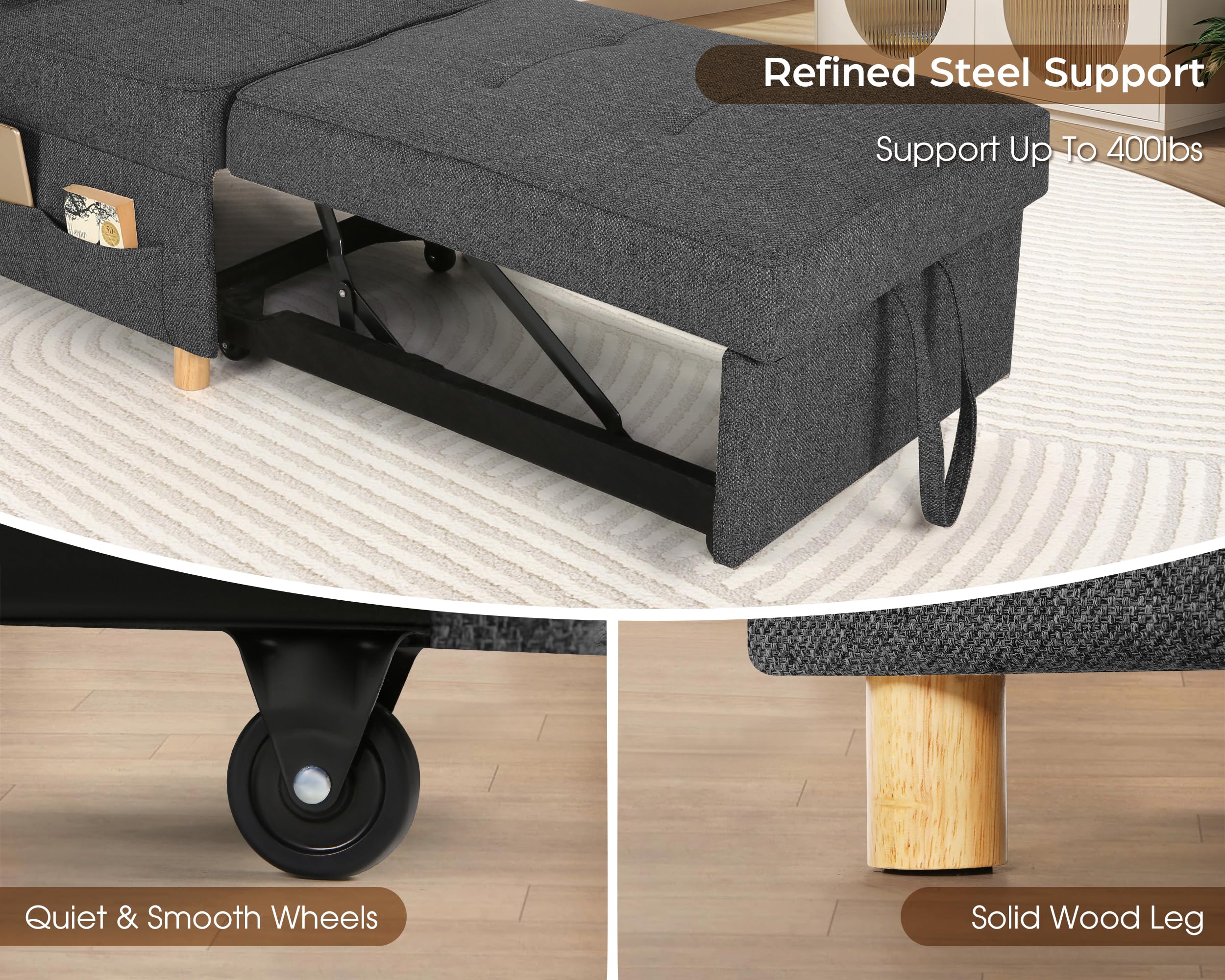SEJOV Sleeper Sofa Chair Bed,4-in-1 Convertible Sofa Bed Chair with 6 Adjustable Backrest and Pillow, 3-Seat Pull Out Sleeper Chair Linen No Backrest for Bedroom Small Space Living Room, Grey Black
