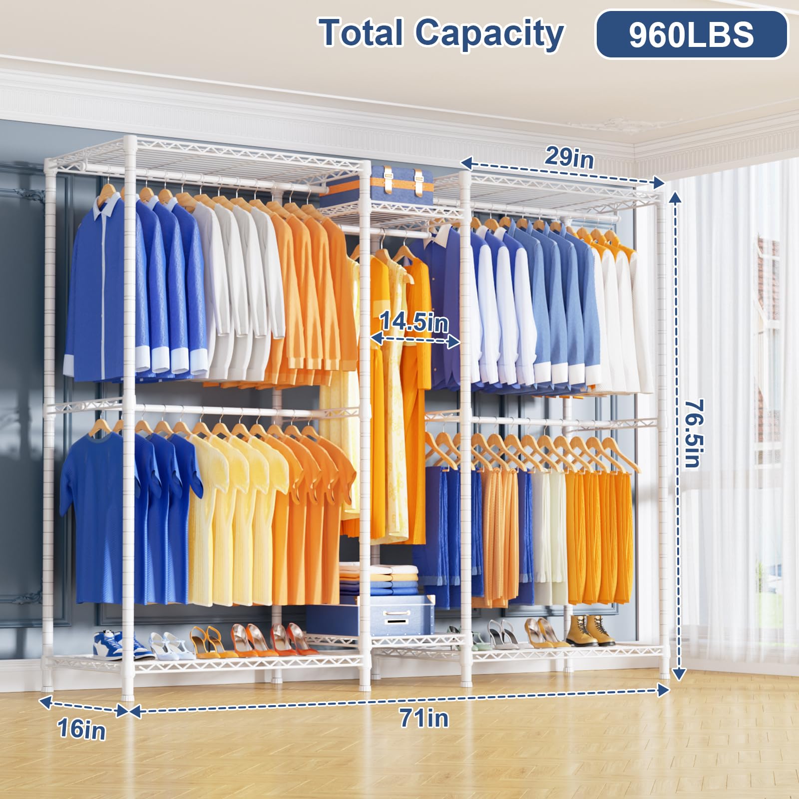 Ulif E12 Clothes Rack，Heavy Duty Freestanding Garment Rack with Shelves，Metal Clothing Closet Storage System for Hanging Clothes，71" W x 16" D x 76.5" H, Hold 960 lbs，Black