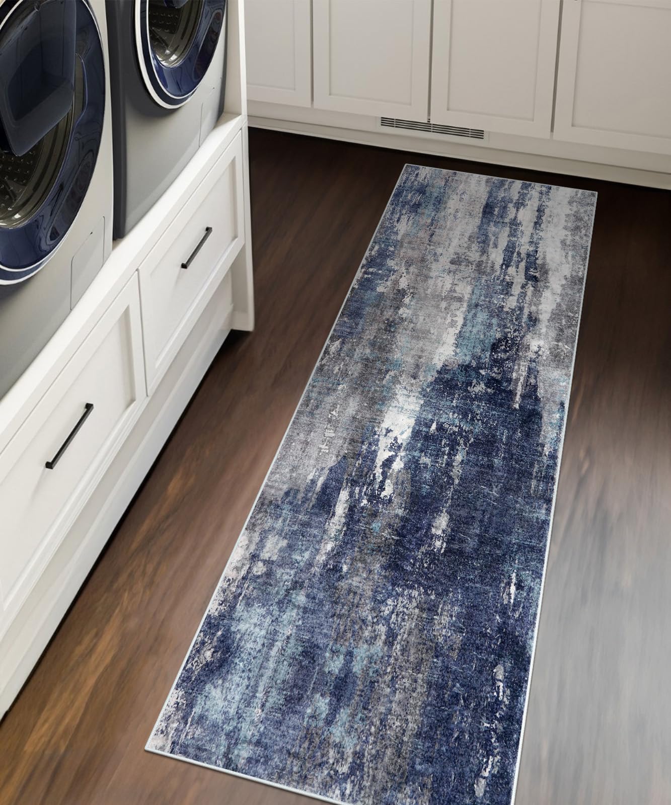 Uphome Washable Runner Rug, 2x6 Abstract Bathroom Runner Rug, Blue Soft Non-Slip Hallway Rug, Modern Neutral Aesthetic Indoor Rug for Kitchen Bedroom Porch