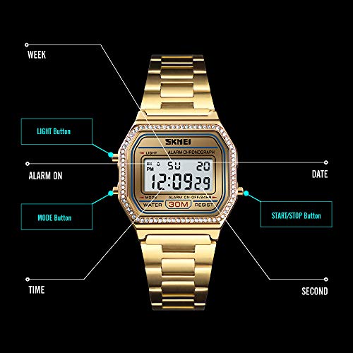 PASOY Men's Digital Gold Stainless Steel Watch Backlit Multifunction Stopwatch Waterproof Sport Watches (Gold with Crystal Bezel)