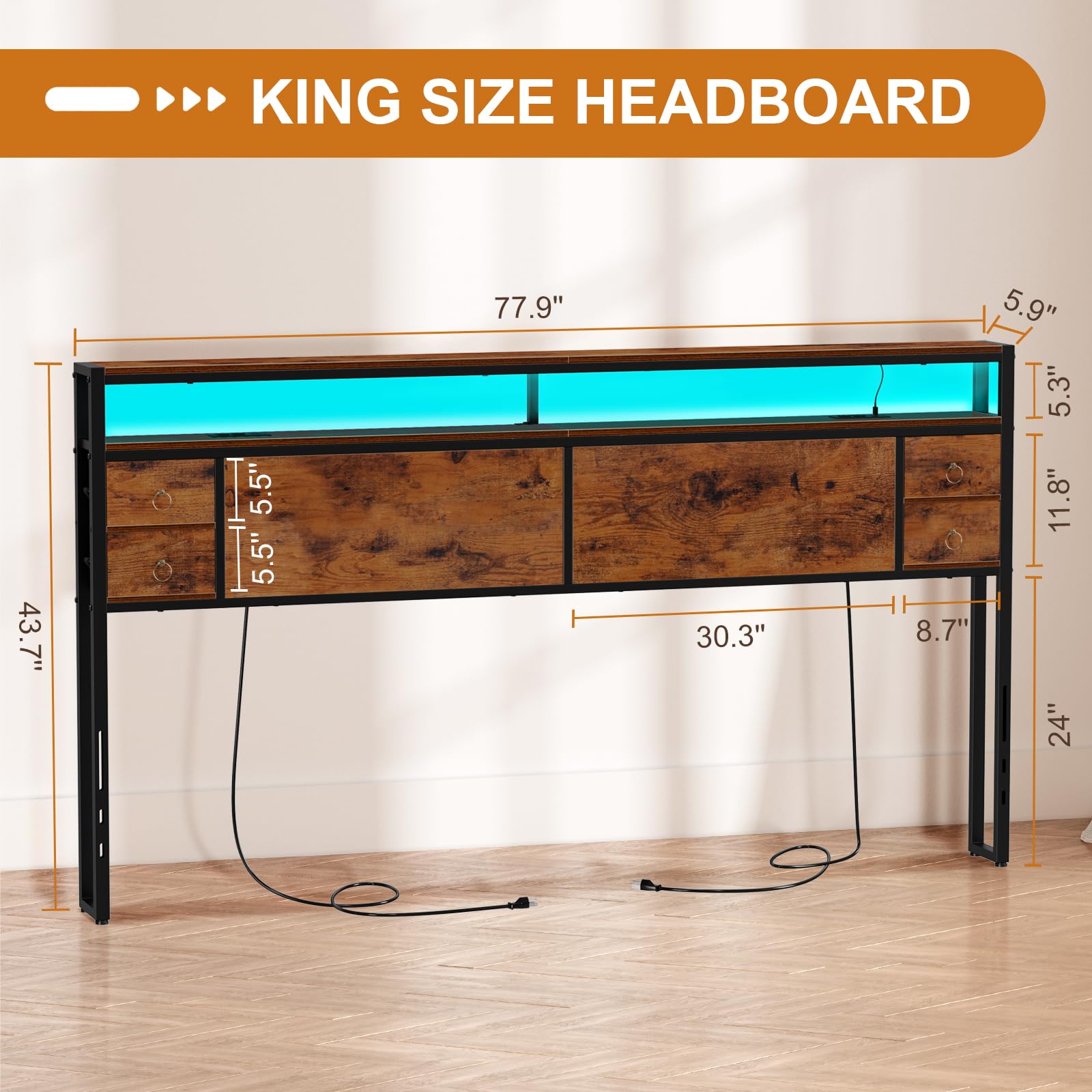 Snughome King Size Headboard, LED Headboard with 4 Storage drawers, King Headboard with Charging Outlets and USB Ports, Adjustable Height, Sturdy and Stable, Easy Assembly