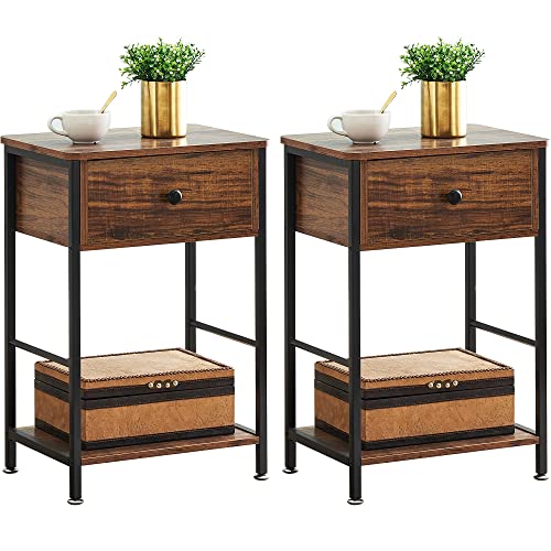 SunnyFurn Nightstand with 2 Tier Storage Shelf,Bedside Table for Living Room and Bedroom,Easy to Install Side Table,End Table with Drawer Shelves for Small Space,Set of 2 Brown