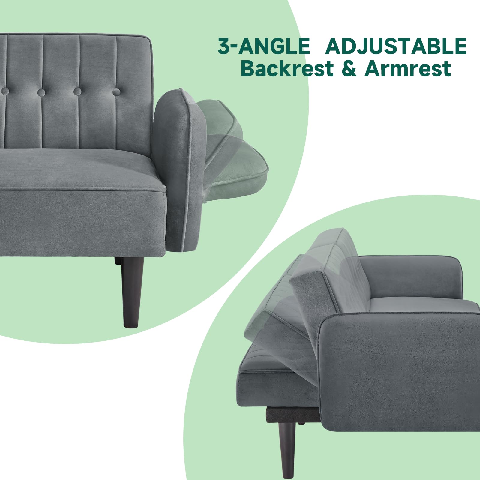 ONBRILL Loveseat Sofa Bed, Grey Couch Bed Mid-Century Modern Sleeper Sofa, Velvet Couch Convertible Futon Sofa Bed, Small Couch with Adjustable Backrest & Armrest, Love Seat Couches for Living Room