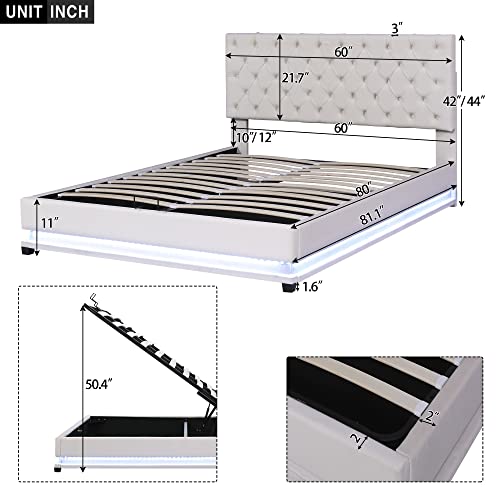 SOFTSEA Queen Size Lift Up Storage Bed with LED Lights, Velvet Upholstered Platform Bed with Adjustable Headboard, Hydraulic Storage Platform Bed for Kids Adults (Beige)