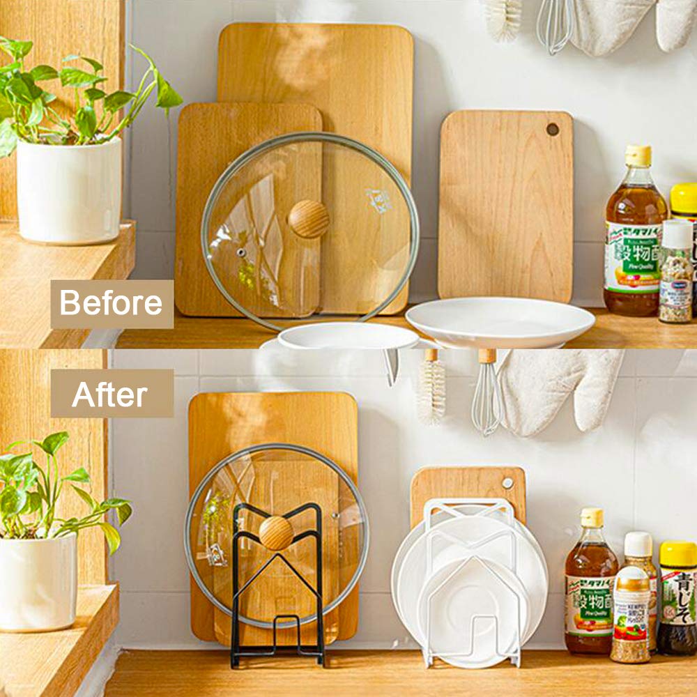 Kitchen Bakeware Pot Lid Rack Holder, 4 Slots Multifunctional Kitchen Organizer Metal Storage Shelf for Cookware, Chopping Cutting Board, Counter Cabinet, Plates, Dishes