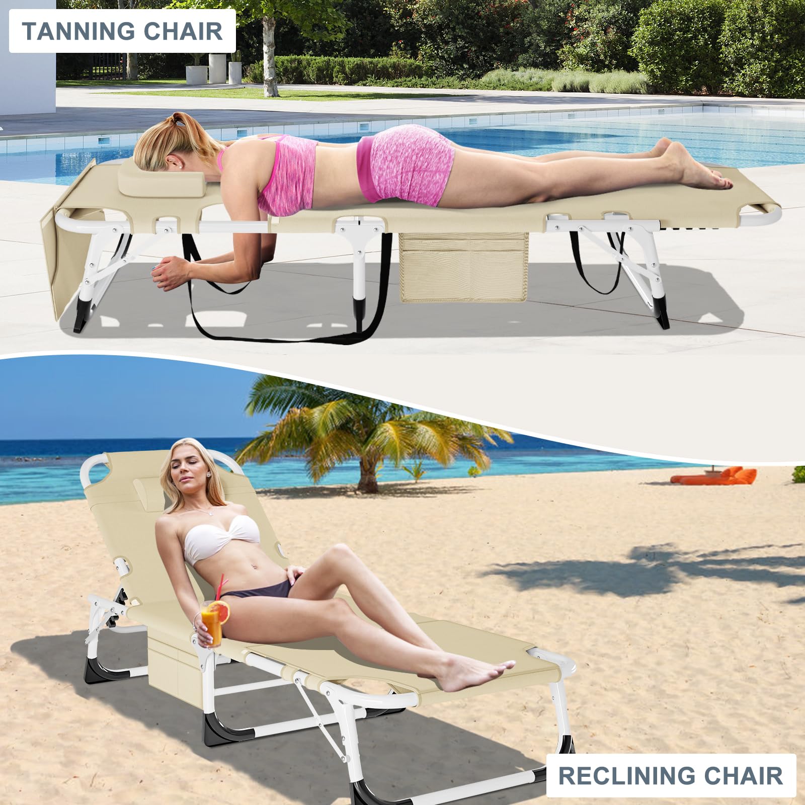 Slsy Face Down Folding Lounge Chairs Outdoor, Adjustable Sleeping Cot Chair, Portable Folding Bed Cot Chaise Lounge Chairs for Outside Beach Lawn Camping Pool Sun Tanning