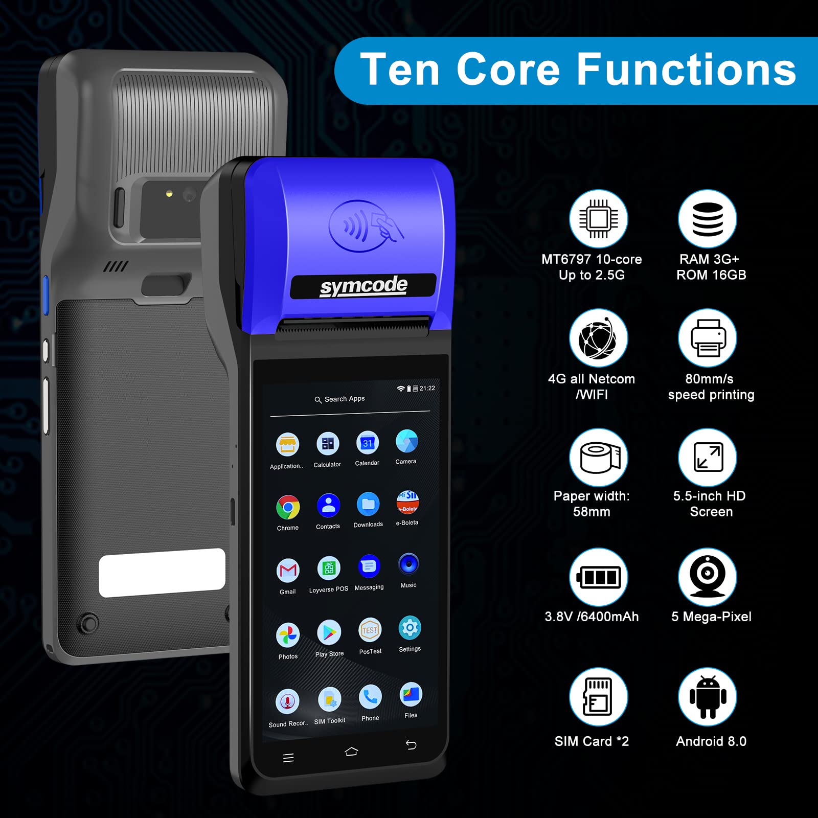 PDA POS 58mm Thermal Printer with Android 12 5.5" inch Touch Screen Receipt Printer Scan 1D/2D barcodes [Camera] Support 4G:FDD-LTE,TD-LTE 3G: WCDMA 2G: GSM,GPRS Hot spot Bluetooth 3GB Ram +16GB ROM