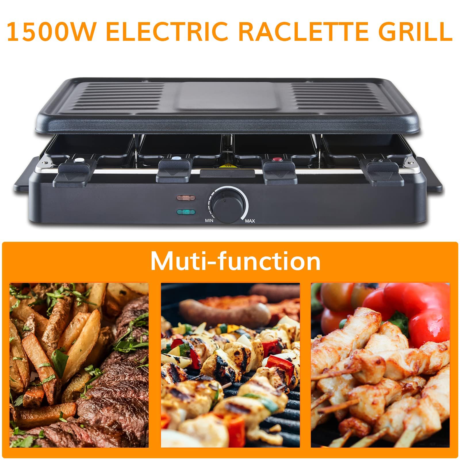 M Minca 1500 Watt Electric Raclette Grill, Korean BBQ Grill, Table Portable 2 in 1 Indoor & Cheese Raclette, Removable Hot Plate, Adjustable Thermostat, with 8 x Mini Cheese Pans & Spatulas