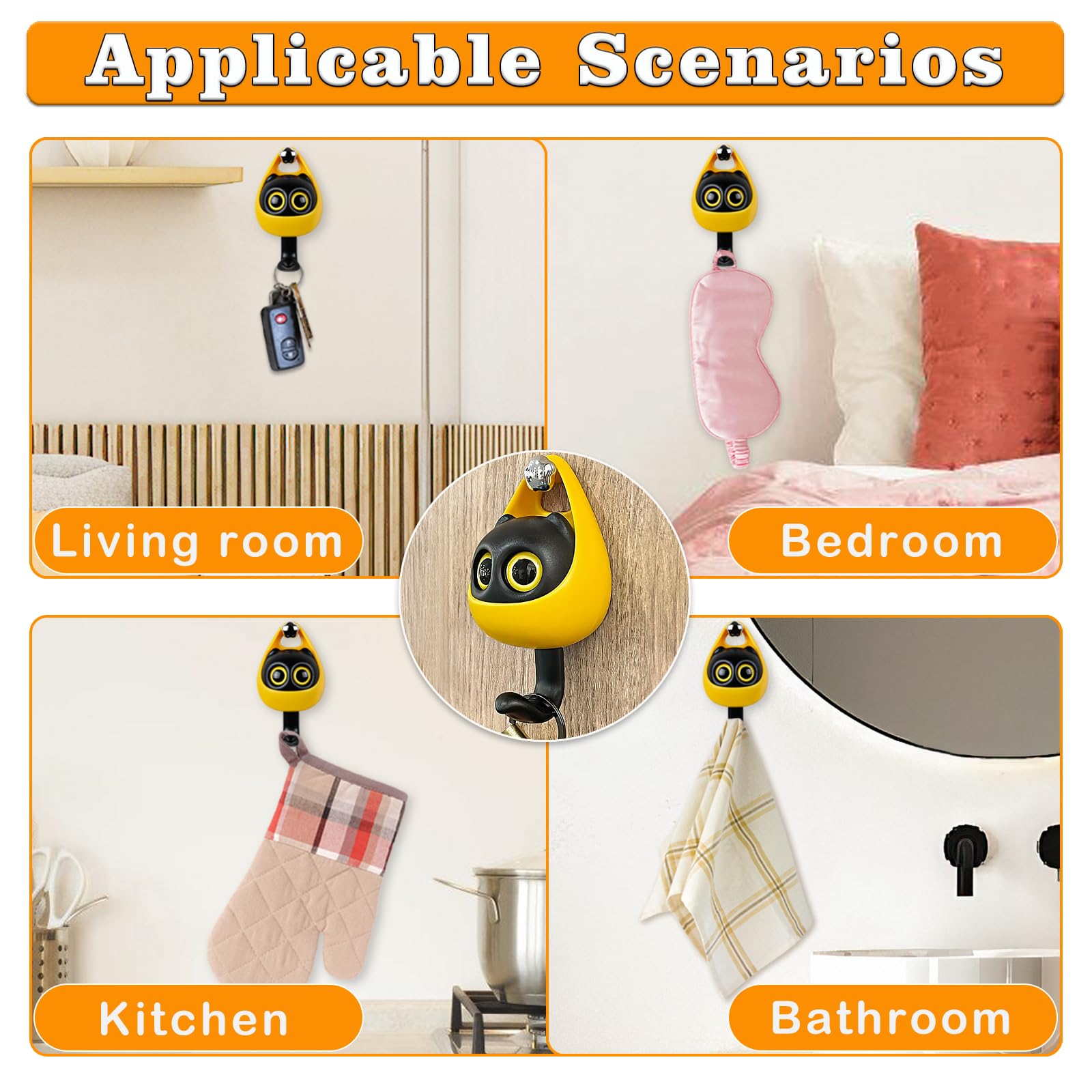 Nokiils Adhesive Cute Wall Hooks, Cute Cat Key Holder for Wall, Creative Utility Coat Hook for Home Kitchen Bathroom Room Decor (Yellow)