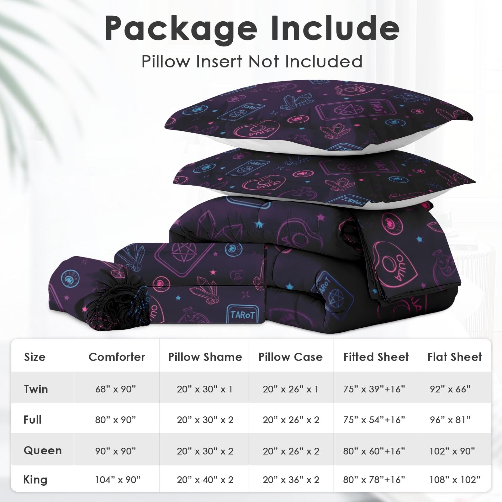 Pinbeam 7 Pcs Comforter Set Queen Size, Witchy Purple Blue Bed in a Bag with Flat Sheet and Fitted Sheet for Kids and Adults, Tarot Board Bedding Set with Pillowcase & Sham
