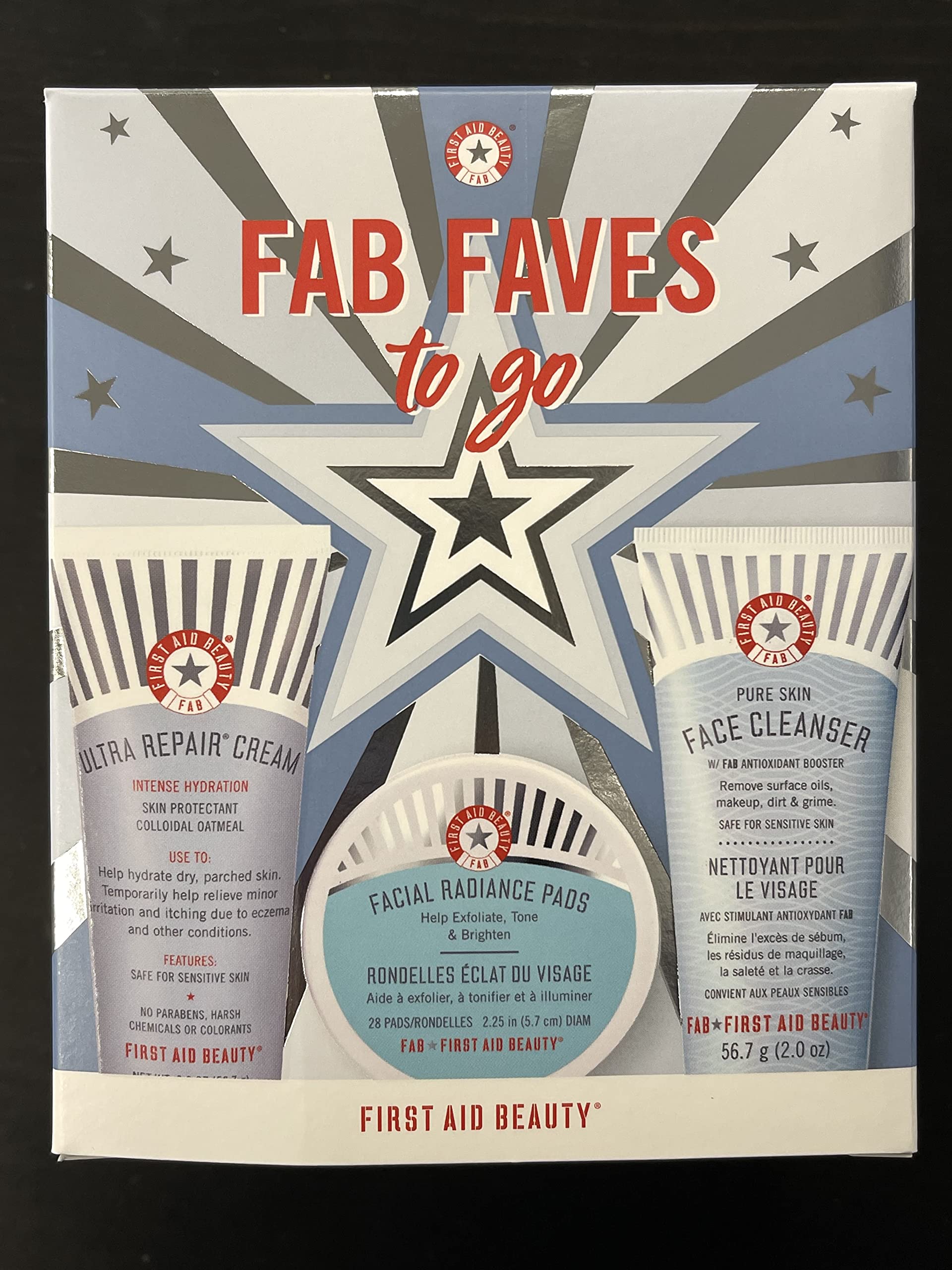 First Aid Beauty FAB Faves to Go Kit: Travel Size Face Cleanser, Exfoliator Pads and Moisturizer