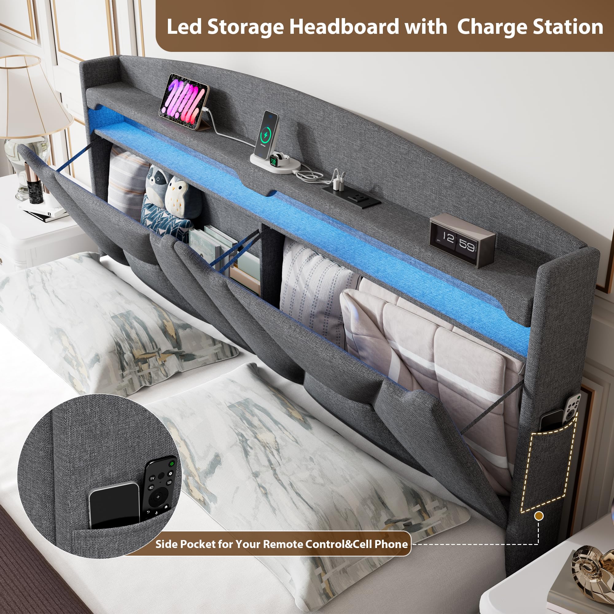 PDCOAK Full Bed Frame with Storage Headboard, Upholstered LED Bed Frame with 2 Storage Drawers Charging Station,Wood Slats Support, No Box Spring Needed, Noise Free, Grey
