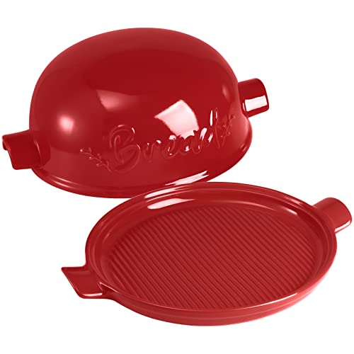 Okllen Bread Baker with Lid, Ceramic Large Bread Pot Cheese Potato Cooker, Oven Safe Bread Baking Pot Pan Multi Cooker for Home Bread Making, Red, 11.4" x7.5"