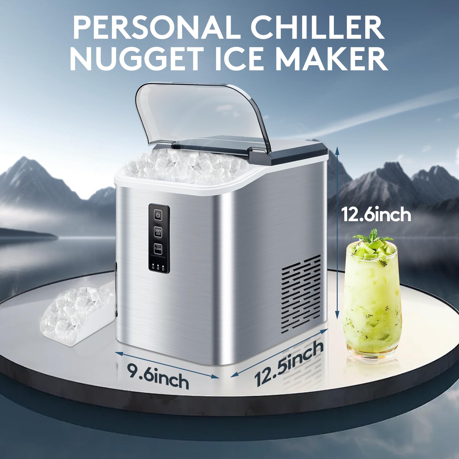 Personal Chiller Soft Nugget Countertop Ice Maker, 50lbs in 24H, Self-Cleaning Chewable Pellet Ice Machine for Kitchen, Office Stainless Steel Silver