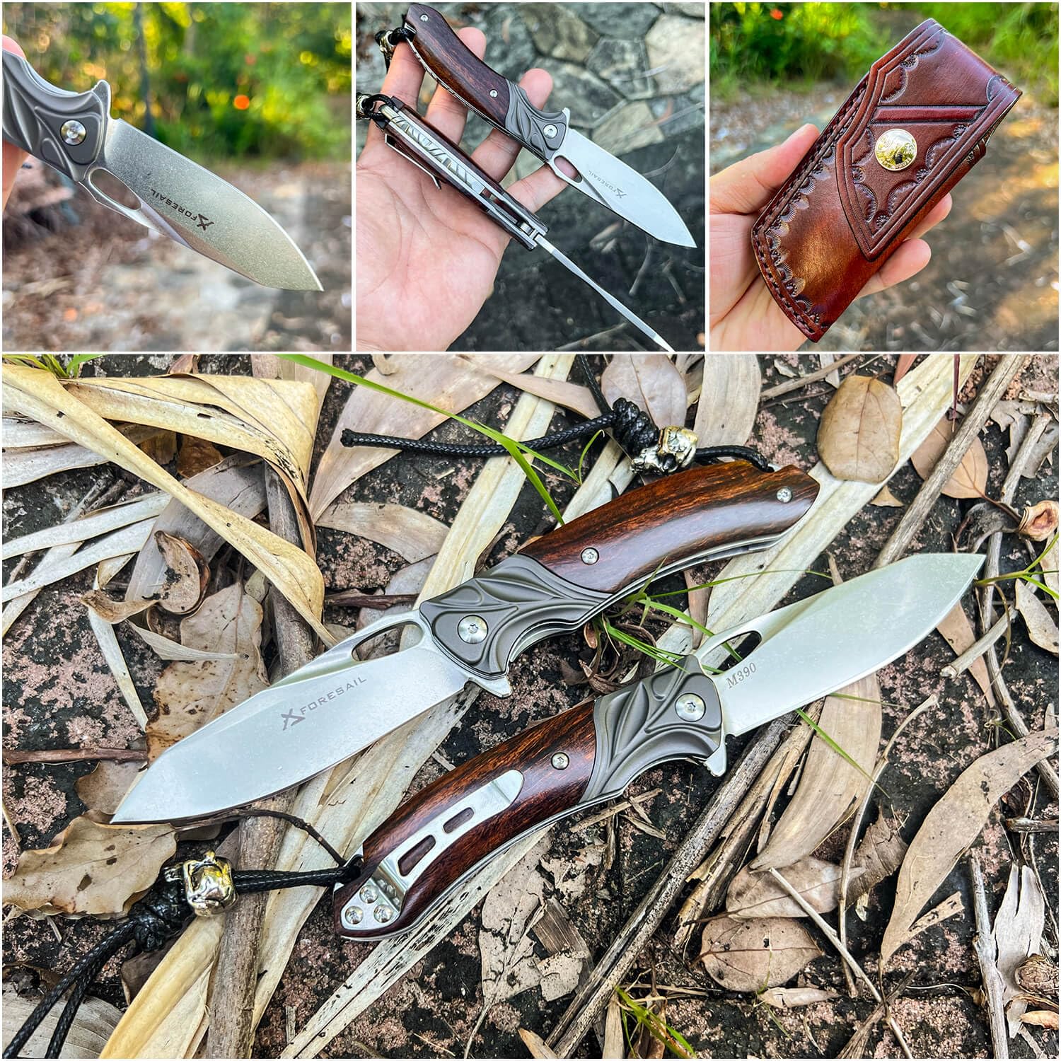 FORESAIL Folding Pocket Knife, 3.26" M390 Steel Blade Desert Ironwood Handle Small EDC Knife with Pocket Clip and leather case,Camping Survival Hiking Tool (Raffir Handle)
