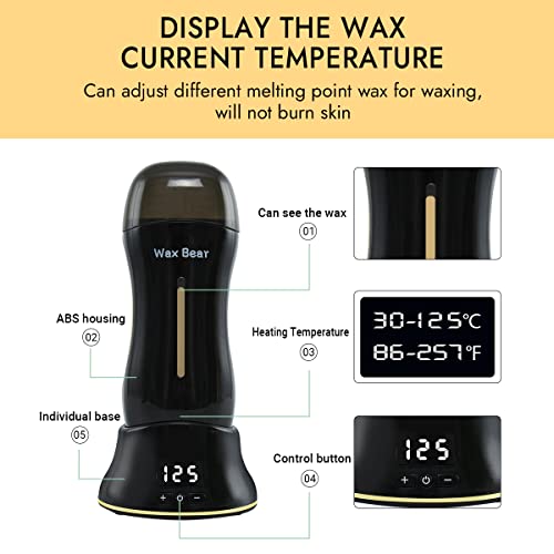 Wax Bear Roll On Wax Kit for Hair Removal,Roller Wax Cartridge Depilatory Wax Heater Kit Digital Temperature Display with for Personal & Professional Use,Black