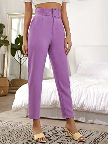 SweatyRocks Women's High Waist Suit Pants Belted Crop Pencil Pants with Pockets Lilac Purple M