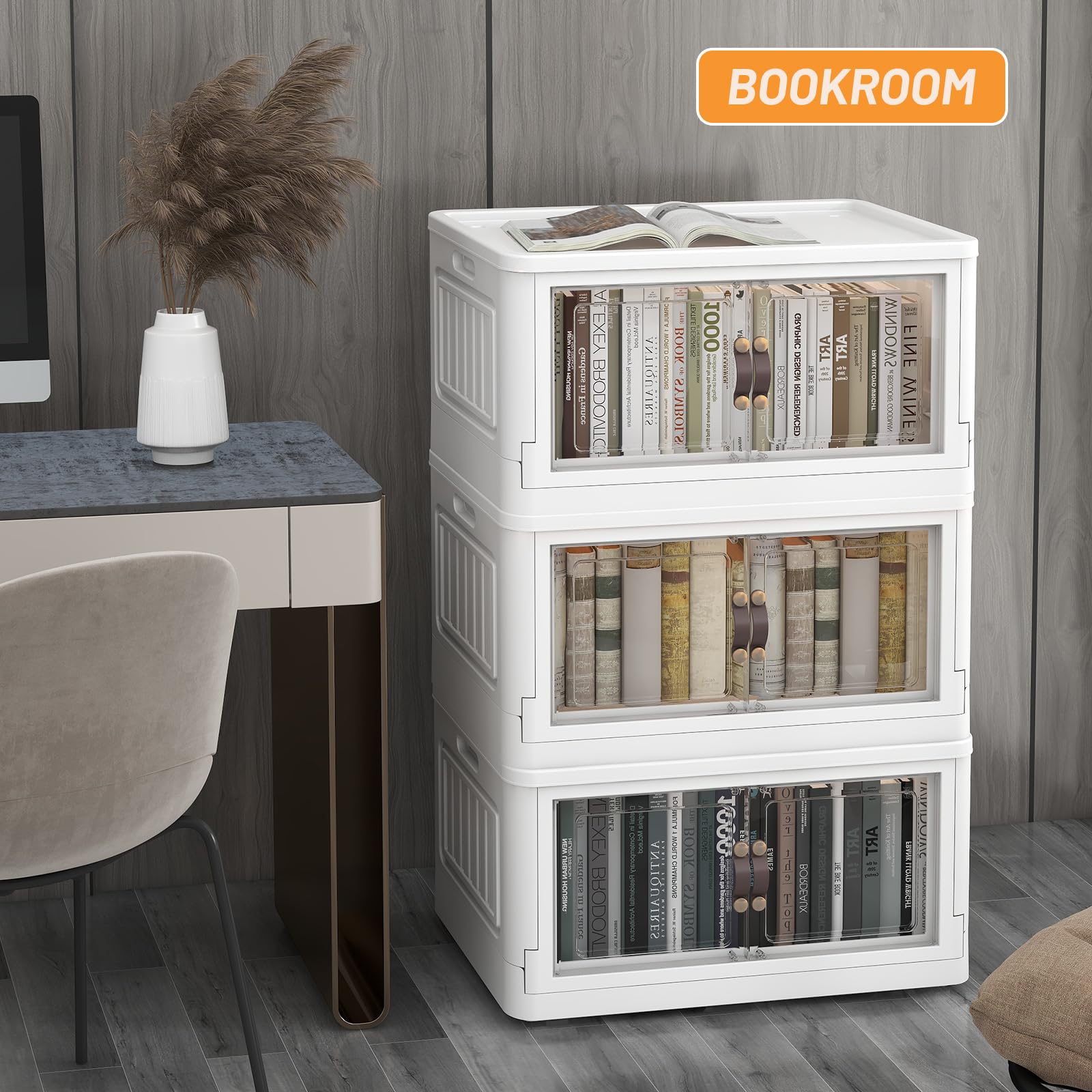 Storage Bins with Lids, 23 Gal White Closet Organizers and Storage, 5 Packs Collapsible Storage Bins with Wheels, Plastic Storage Bins, Double Door Stackable Storage Bins for Home and Office