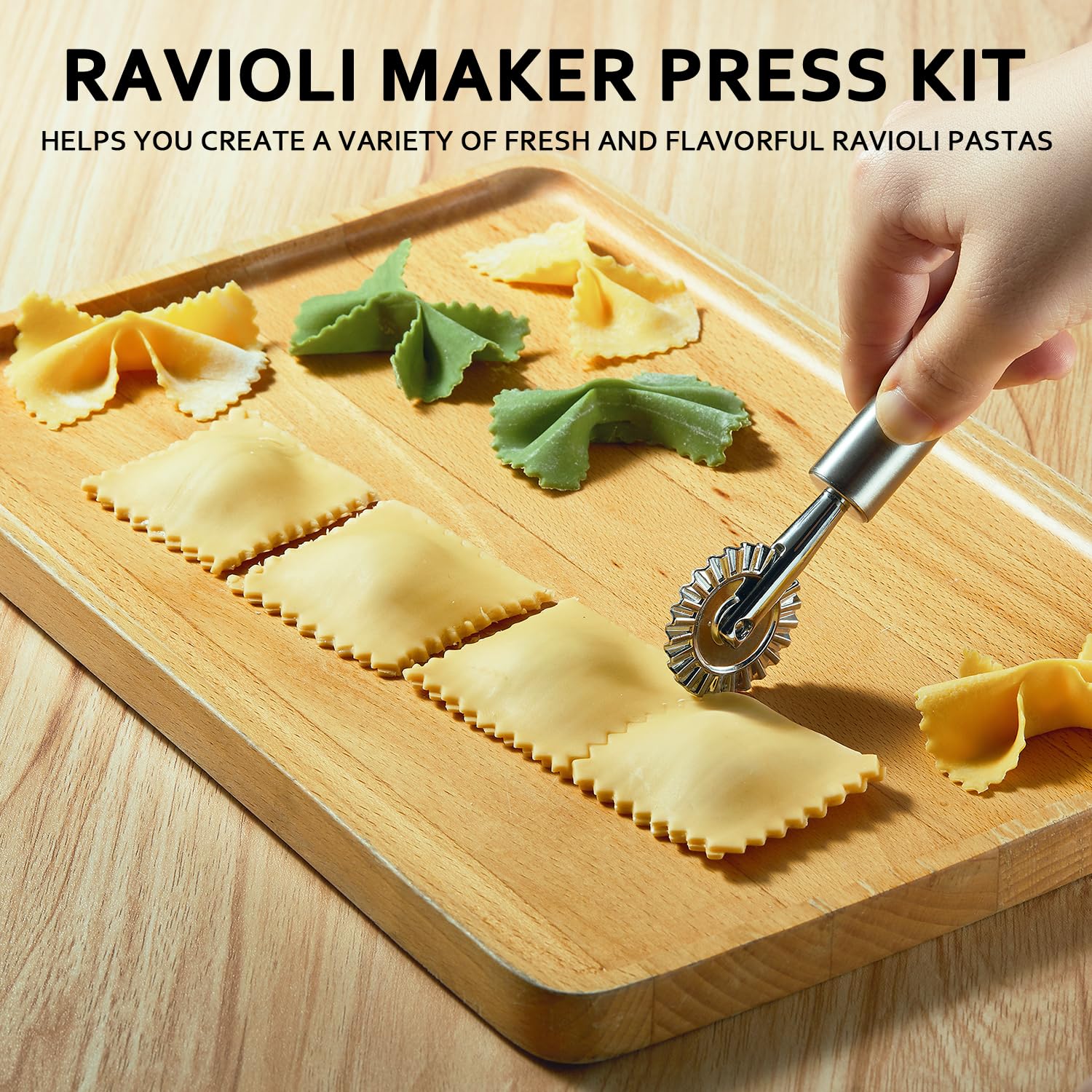MUMSUNG Ravioli Maker Press, Ravioli Press Mold Set - 1.85" Squares Ravioli Stamp Maker Cutter with Wood Rolling Pin, 2.6" Empanada Maker Press Kit and Ravioli Wheel, Makes 8 Ravioli