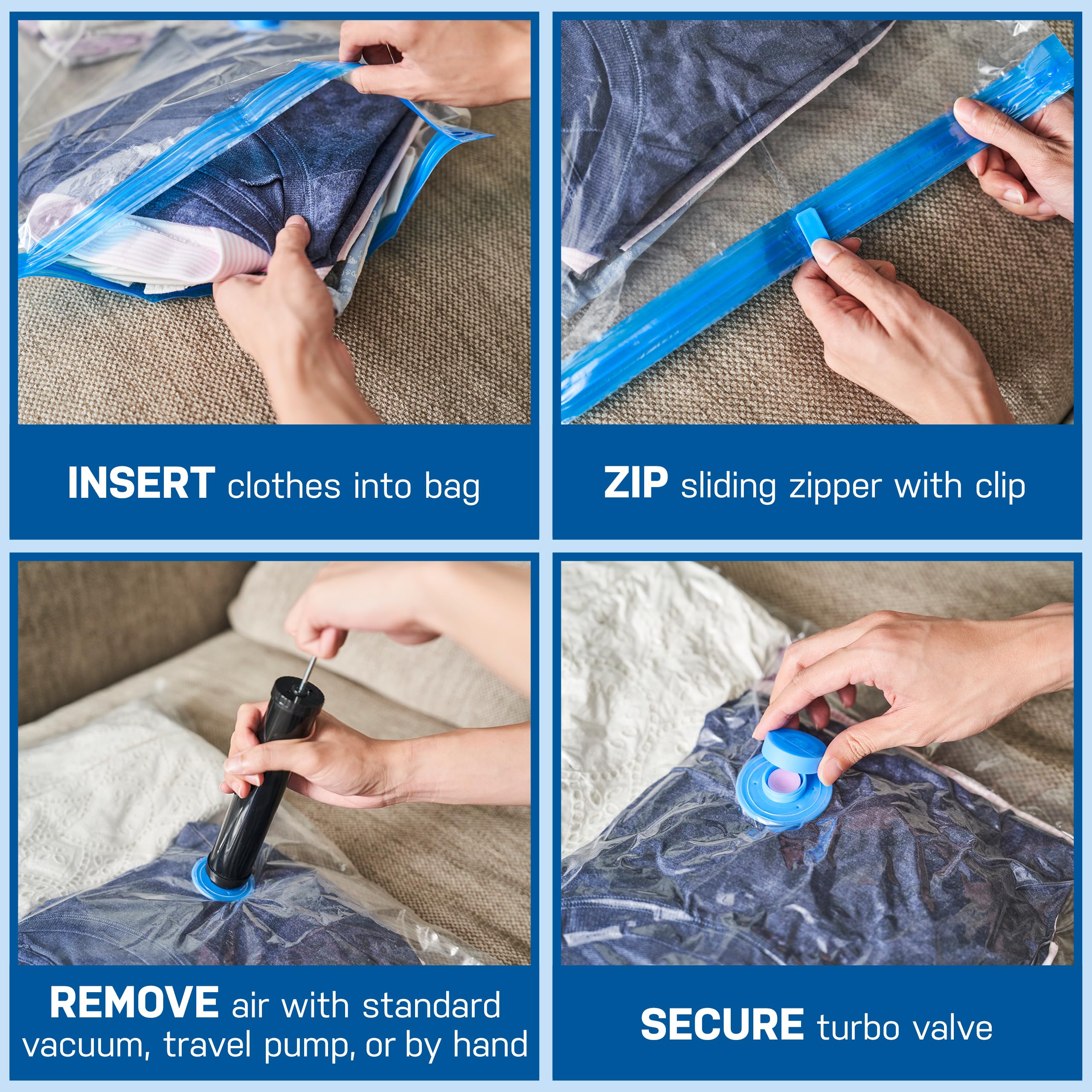 Spacesaver Bags, 80% More Storage, Hand-Pump for Travel, Space Saver Vacuum Storage Bags with Double-Zip Seal and Triple Seal Turbo-Valve for Max Space Saving in storage bag (Large 6 Pack)