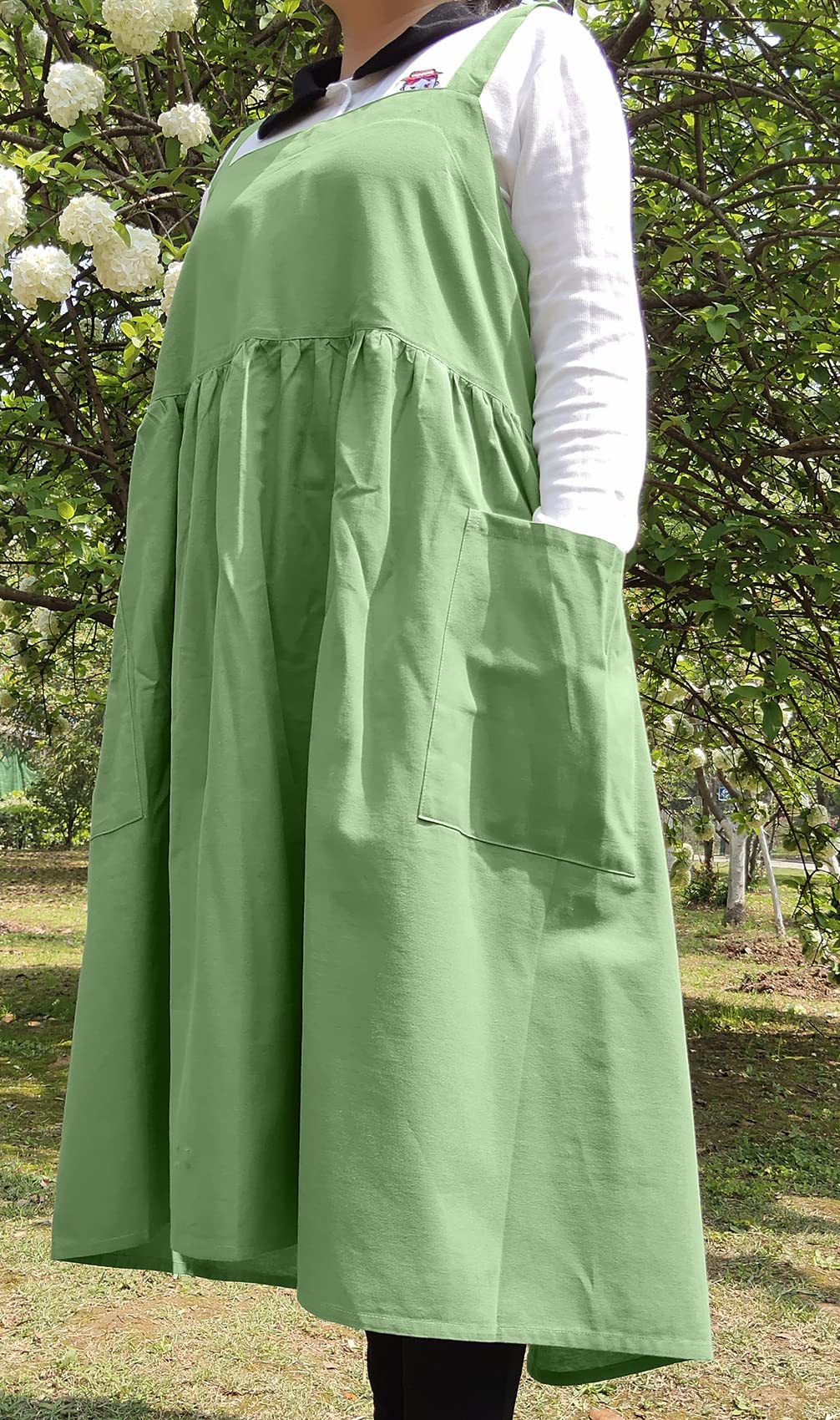 losofar Cotton Linen Square Dress Overalls Kitchen Gardening Solid Color Apron Flower Shop Smock (Green, 92cmx110cm)