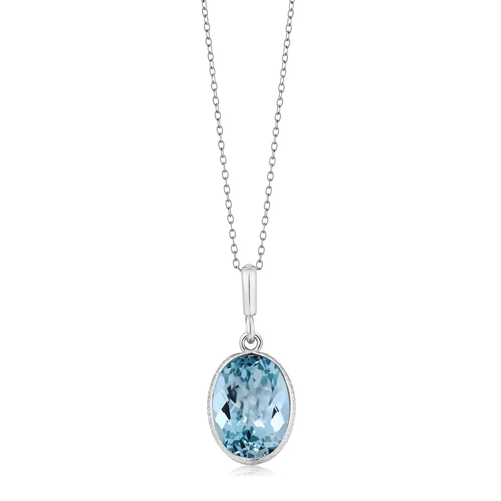 Gem Stone King 925 Sterling Silver Blue Topaz Pendant Necklace For Women | 7.00 Cttw | Gemstone Birthstone | 14X10MM Oval Shape | With 18 Inch Silver Chain