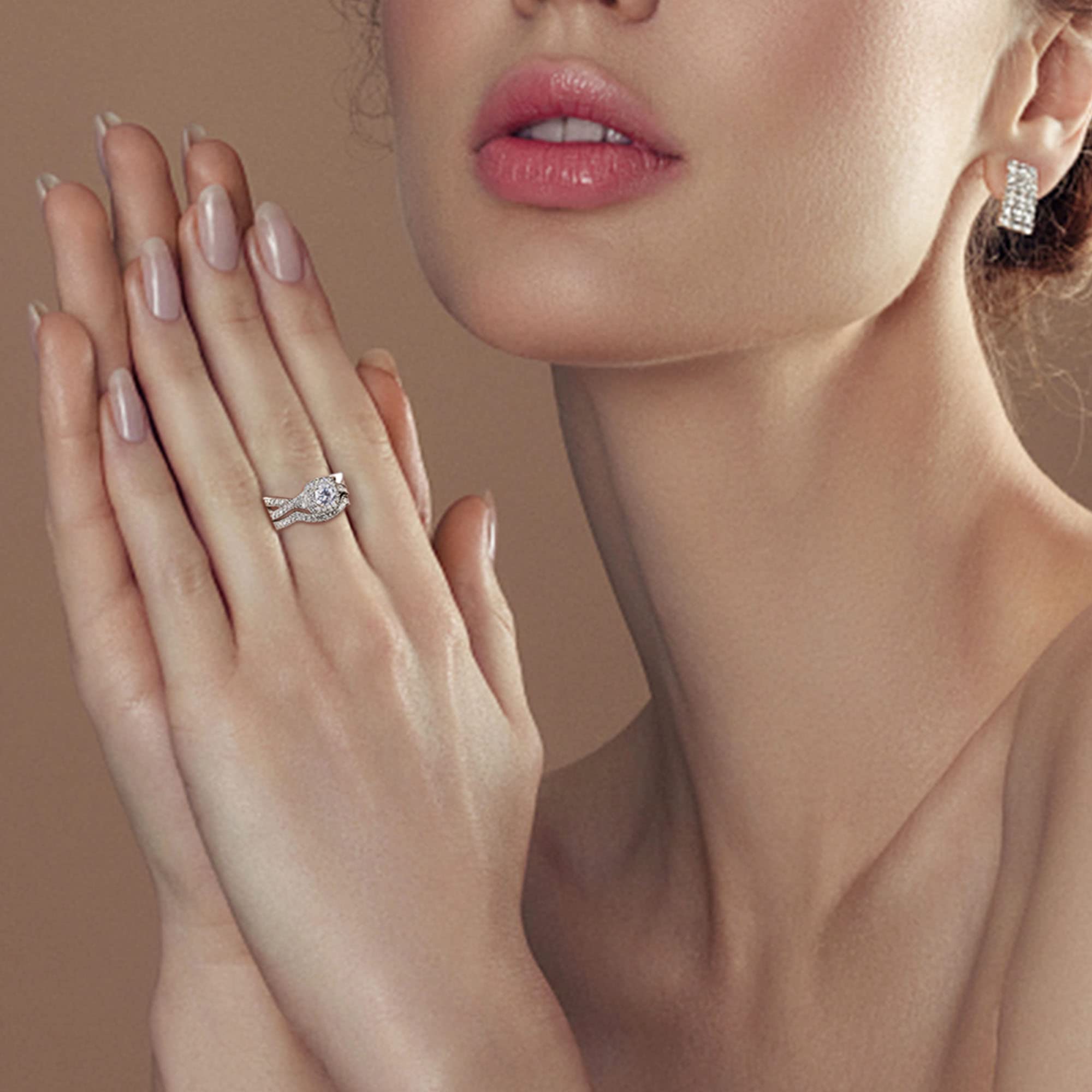 Loyufevr Stainless Steel Wedding Engagement Eternity Women Ring Sets Infinity Round CZ Halo Bridal Size 9, White, (KH_368_70)