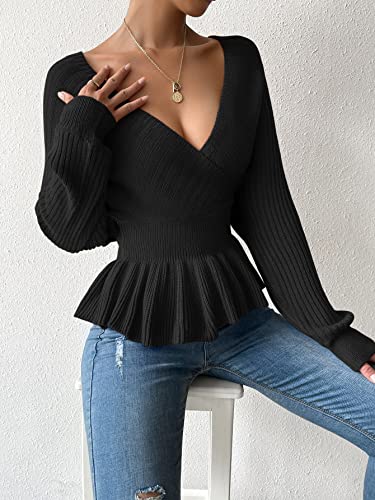 SweatyRocks Women's Deep V Neck Rib Knit Wrap Top Long Sleeve Ruffle Hem Peplum Sweater Black M