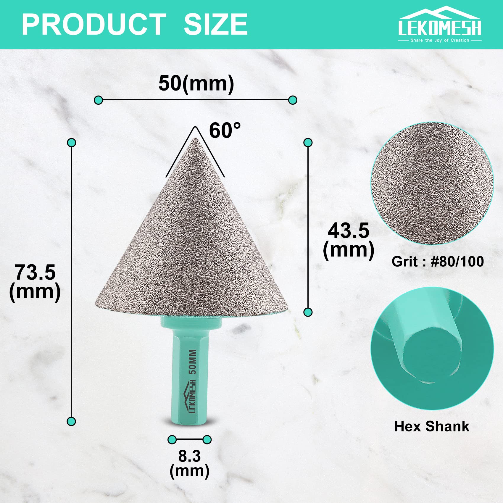 LEKOMESH Diamond Beveling Chamfer Bits - Diamond Countersink Drill Bit 2in(50mm) x Hex Shank Electric Drill for Shaping Enlarging Cleaning Existing Holes of Granite Marble Porcelain