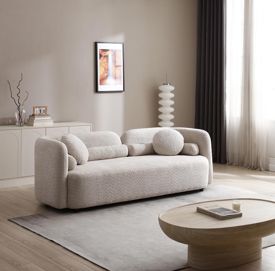 SSC SATISUNCASA Japandi Style Boucle Sofa, Modern Tight Curved Back Sofa, Minimalist Style Comfy Couch for Living Room Apartment (Light Beige + Boucle Tedyy)