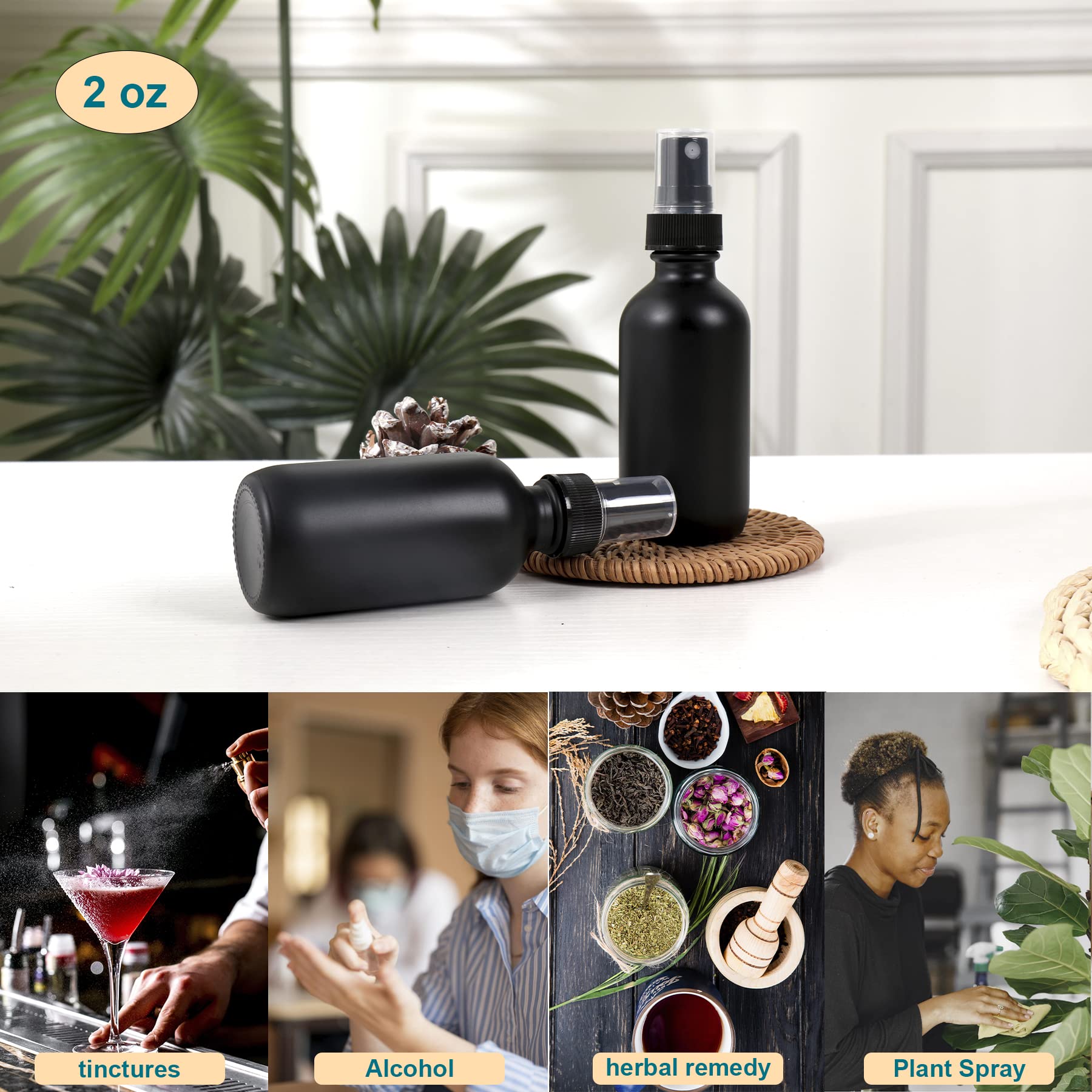 NOOEEISS Frosted Black Glass Small Spray Bottle 2 oz 48Packs,Fine Mist Sprayer Small Clear Bottles,Refillable Containers mini spray bottles for Cleaning Solutions and Skin Care (Frosted Black 48pcs)