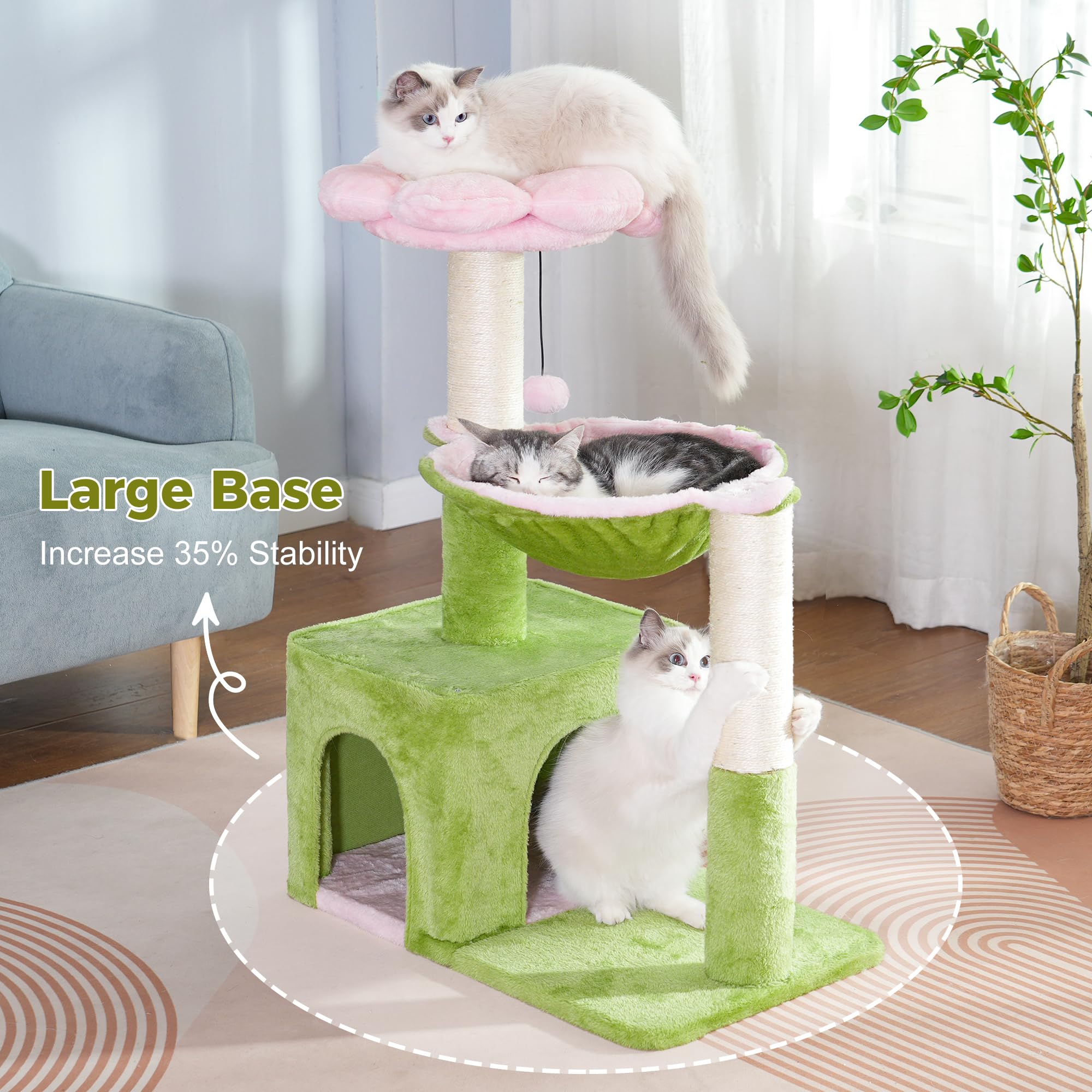 Pawfessor Flower Cat Tree 4 in 1 Cat Scratching Post for Indoor Cats 34" Small Cat Tower for Large Cats, with Full Scratch Posts,15.7”Large Hammock, Removable Perch and Wide Condo for Indoor Cats-Pink