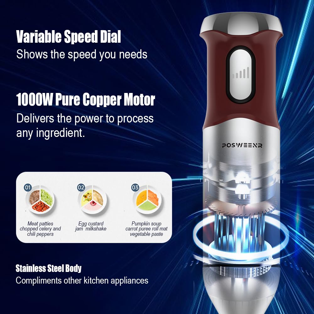 POSWEENR Immersion Blender, Scratch Resistant Hand Blender, 9-in-1 Heavy Duty Copper Motor Stainless Steel Stick Blender with Milk Frother, Whipping, Blade Remover, Storage Case, Red